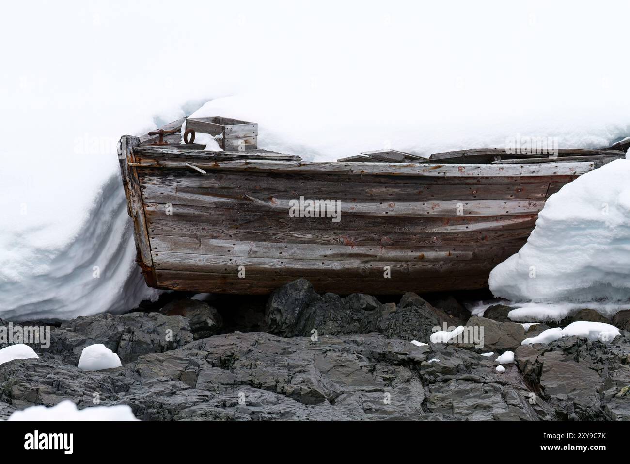 Abandoned water boat from 20th century whaling efforts in Foyn Harbor ...