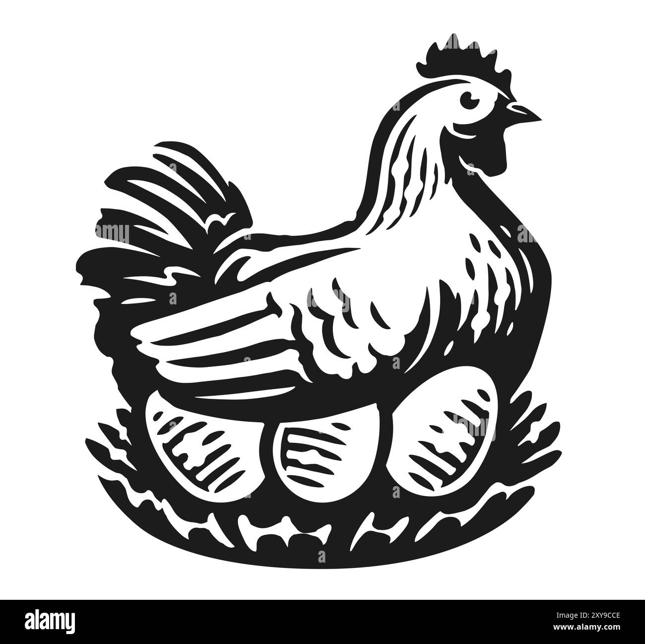 Hen with eggs in a nest. Poultry farm, chicken. Hand drawn black and ...