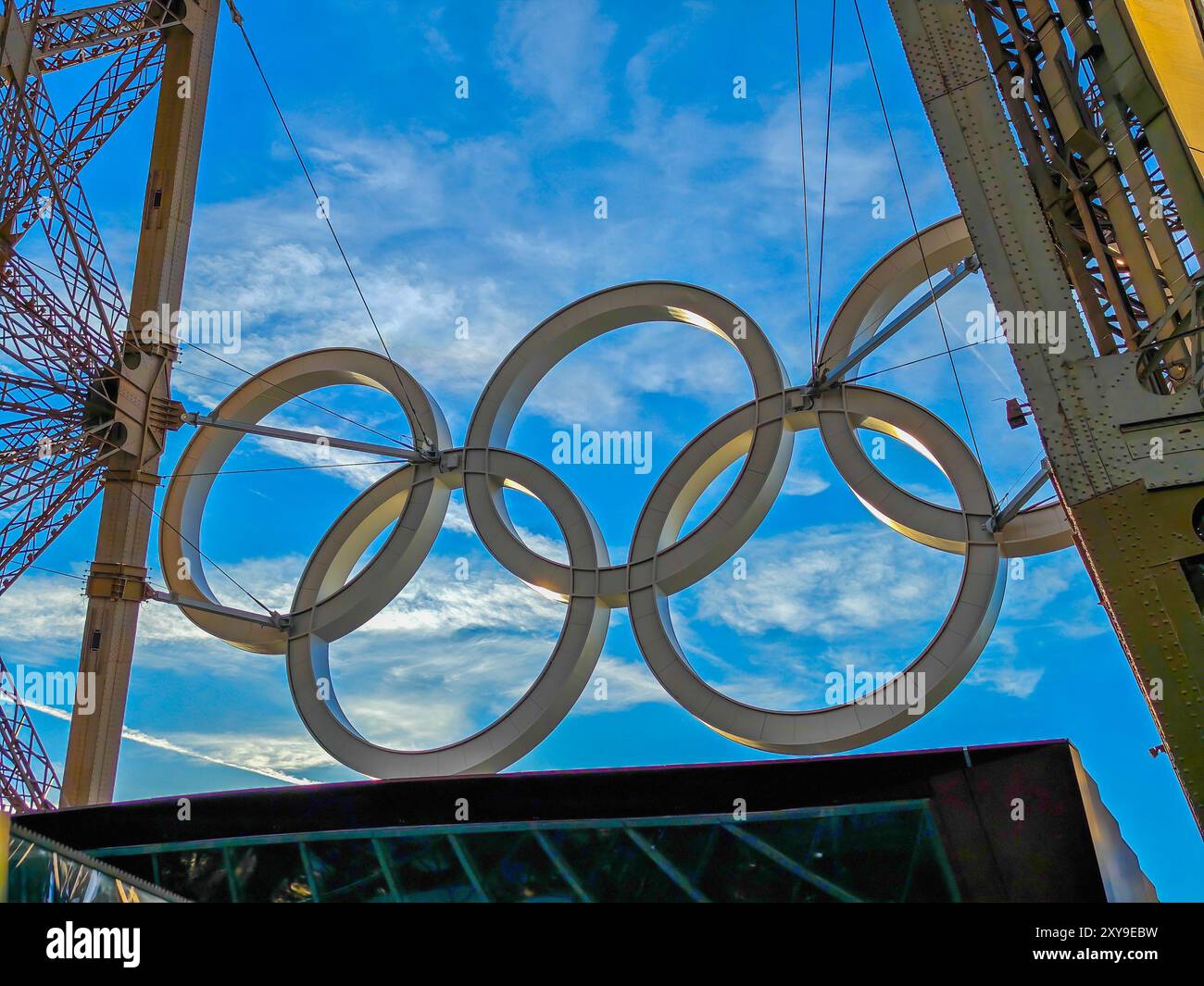 08 28 2024 - Paris, France. Olympic rings mounted on Eiffel tower for ...