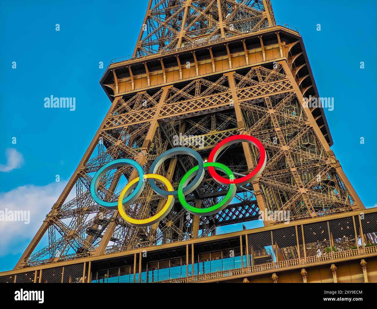 08 28 2024 - Paris, France. Olympic rings mounted on Eiffel tower for ...