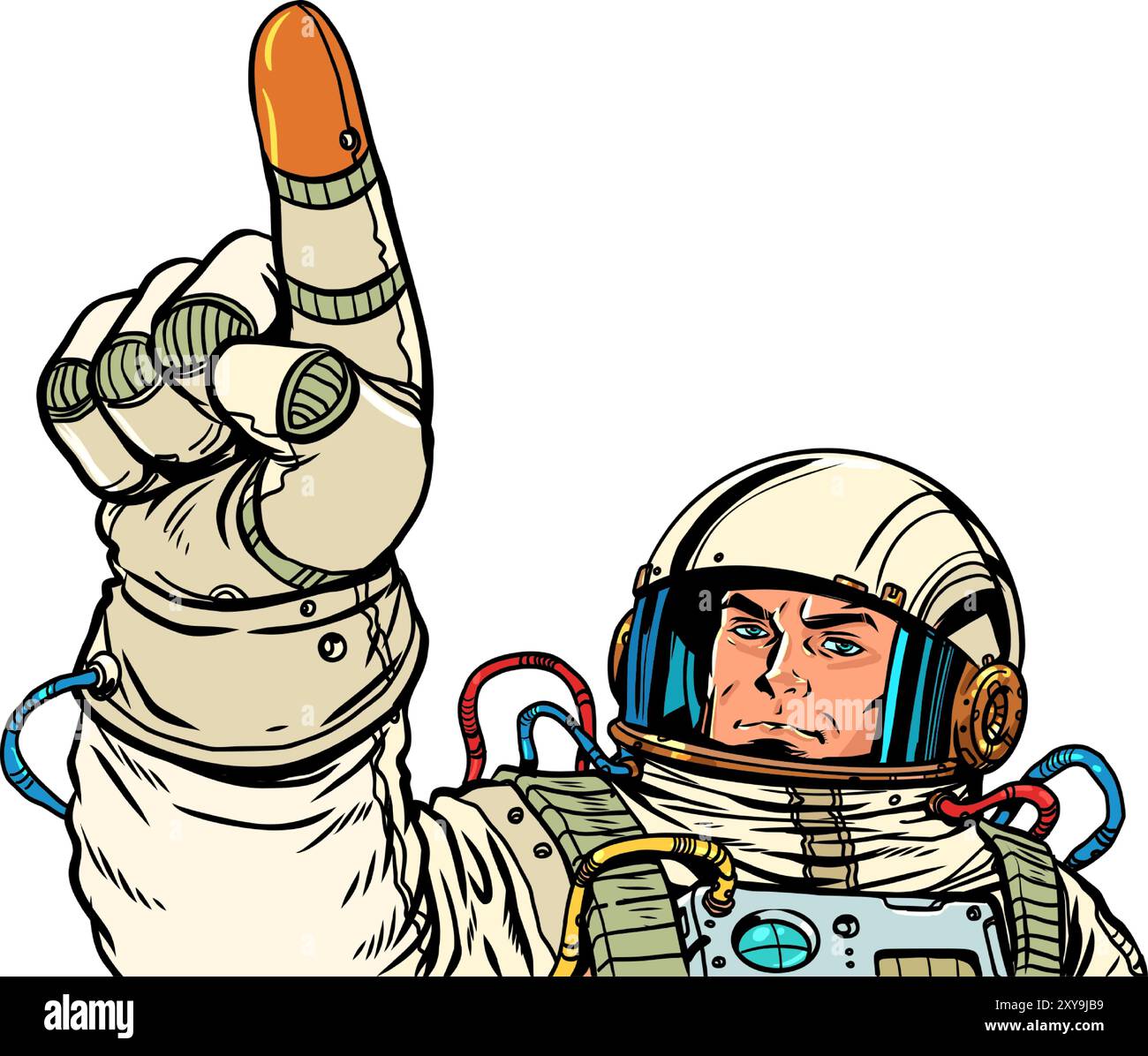 The astronaut points with his index finger. Reaching forward to the ...