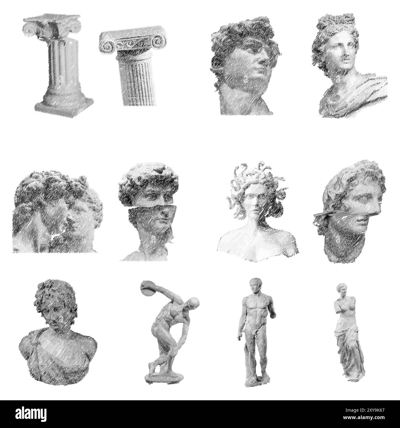 Heads Greek ancient sculpture, mystic. Vector hand drawn illustrations ...