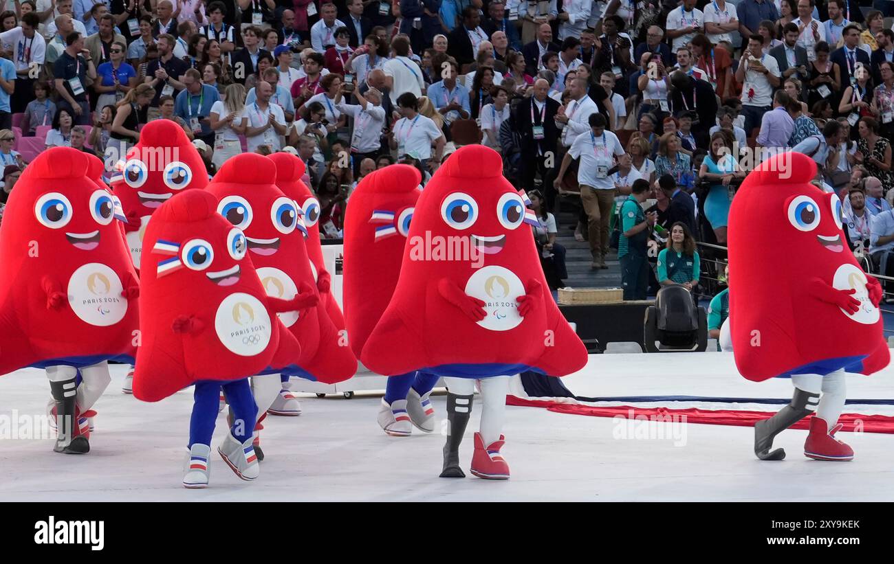 The Phryges, the Paris Games' mascots, come on stage during the Opening ...