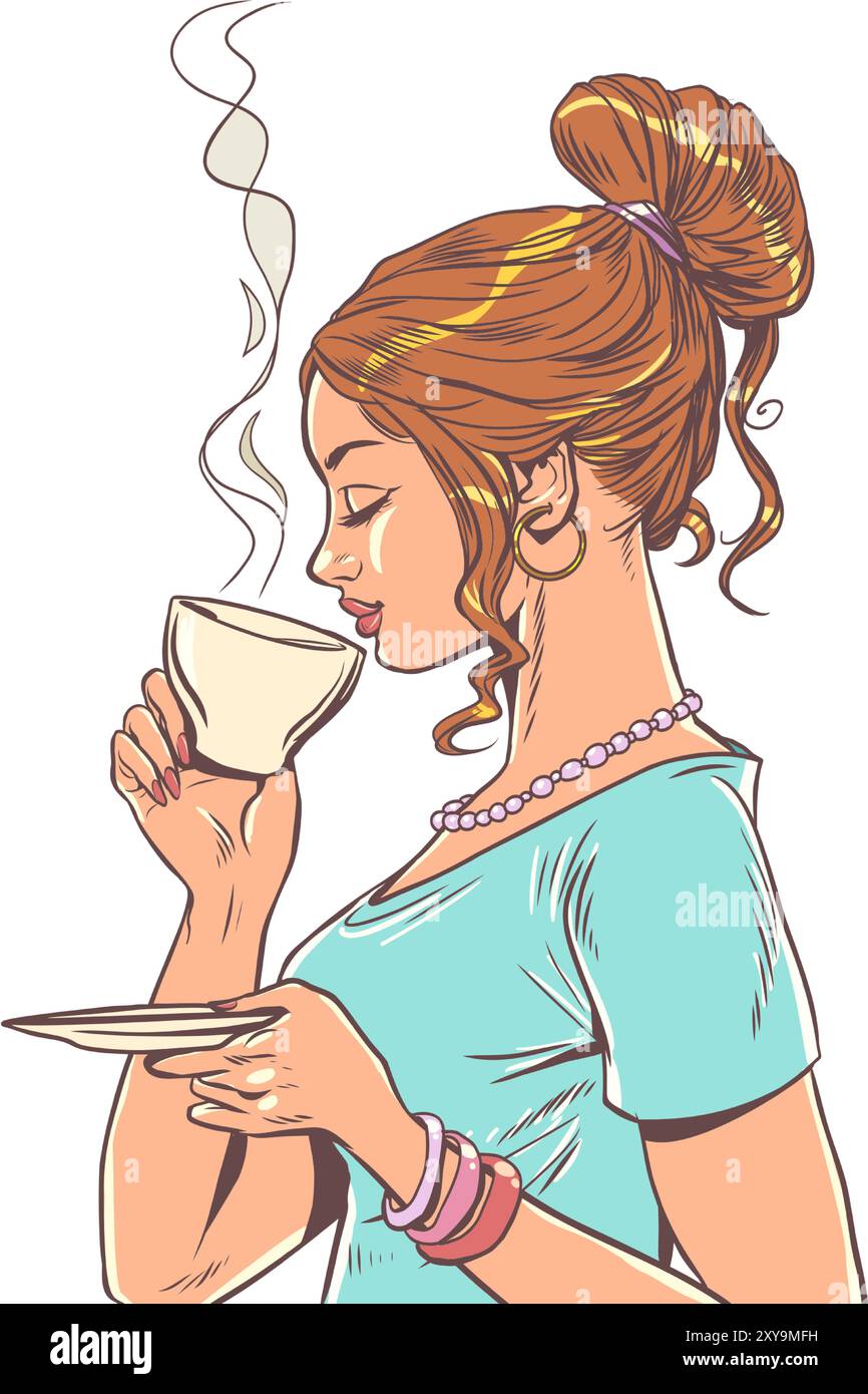 Advertising a new drink in a coffee shop or restaurant. The girl drinks ...