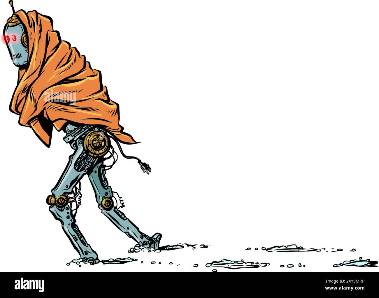 Pop Art Retro A vintage robot walks through the snow in a blanket. A ...