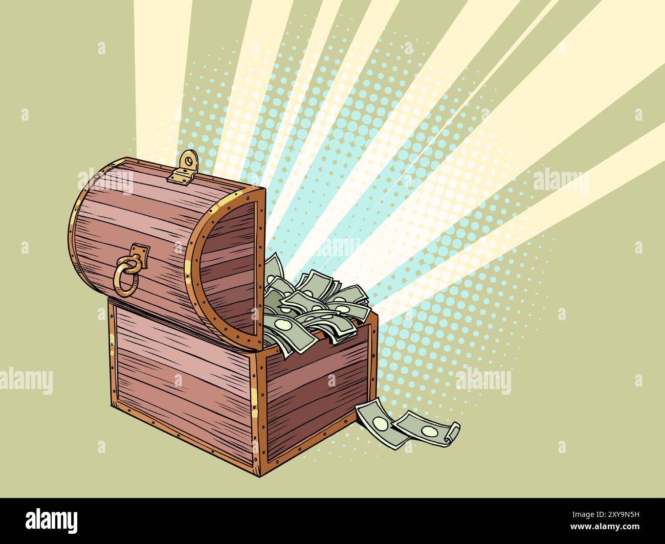 Pop Art Retro Wooden luxury chest with money. Financial savings that ...