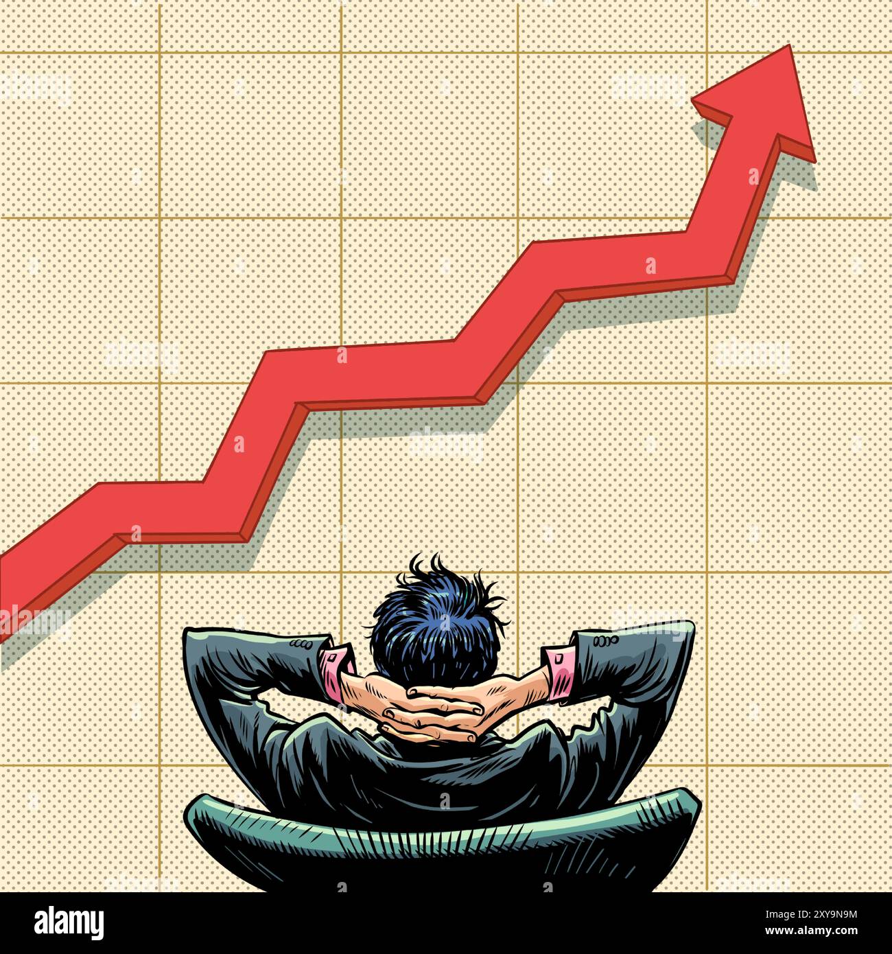 The man put his hands behind his head and watches the graph grow upward ...