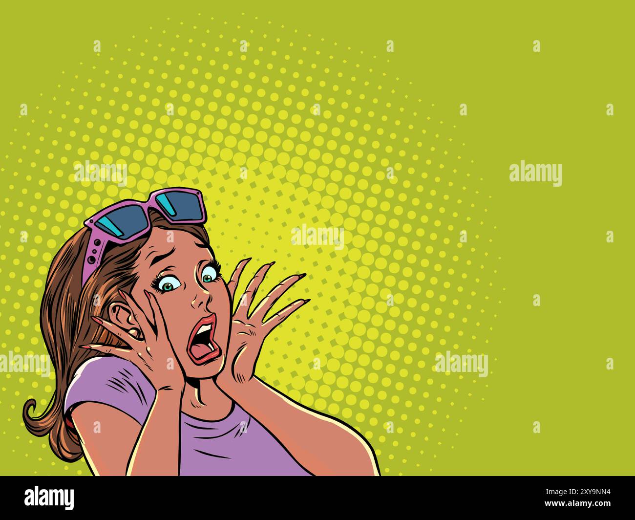 Pop Art Retro The woman screams in horror, covering her face with her ...