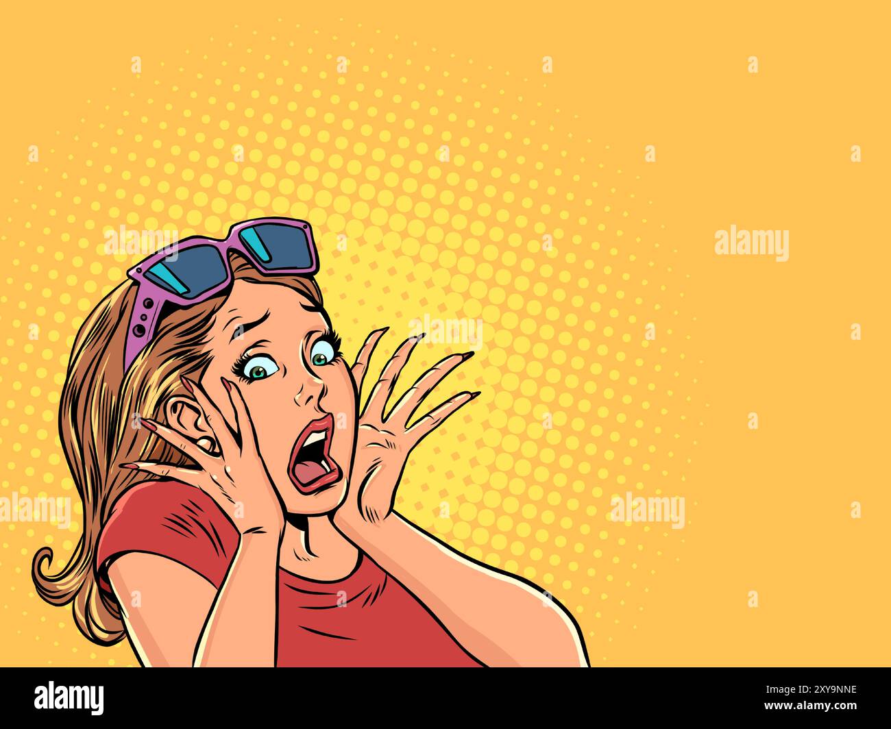 Pop Art Retro The woman screams in horror, covering her face with her ...