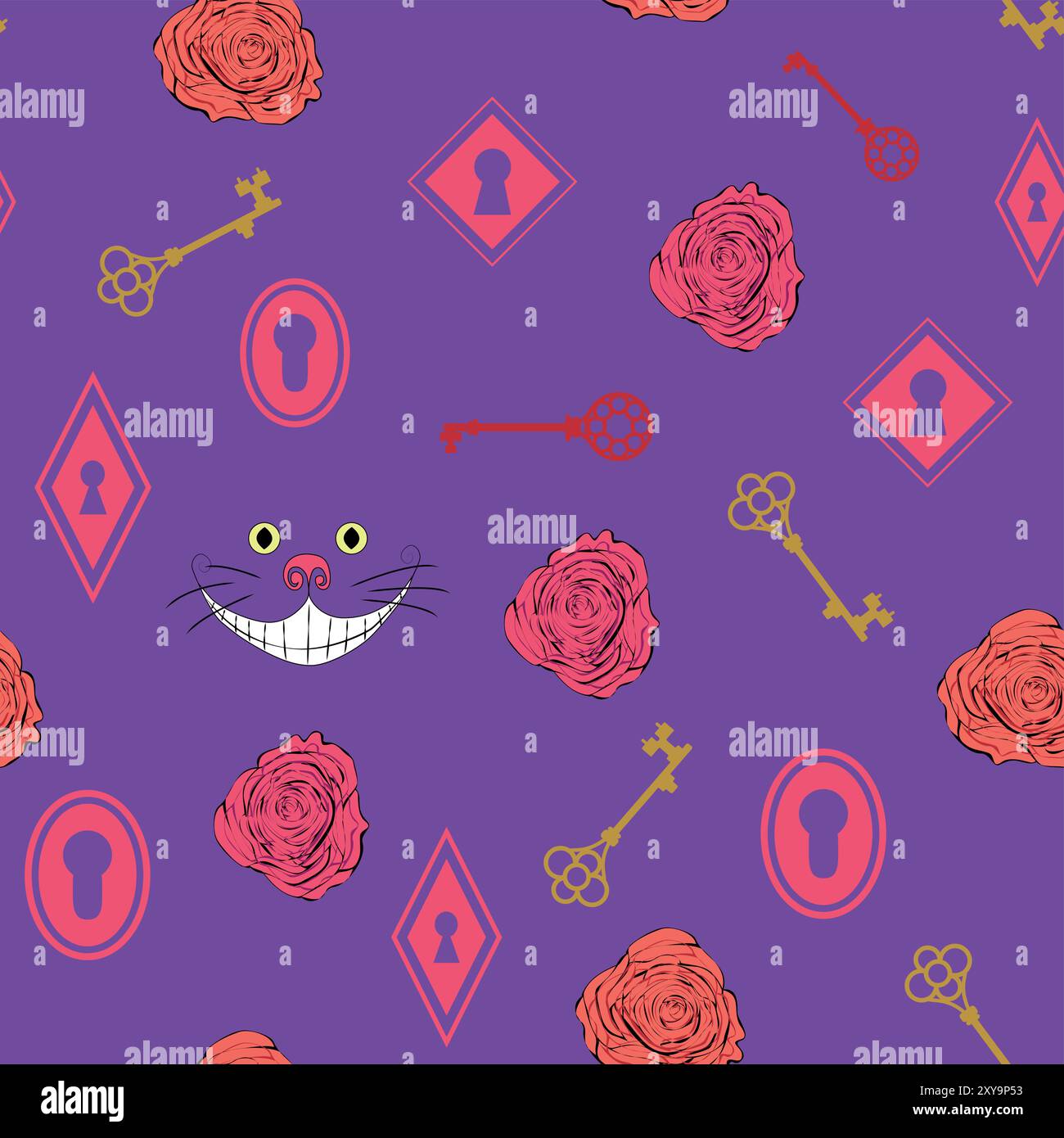 Alice in Wonderland seamless pattern. Roses, keyhole, key, Cheshire cat ...