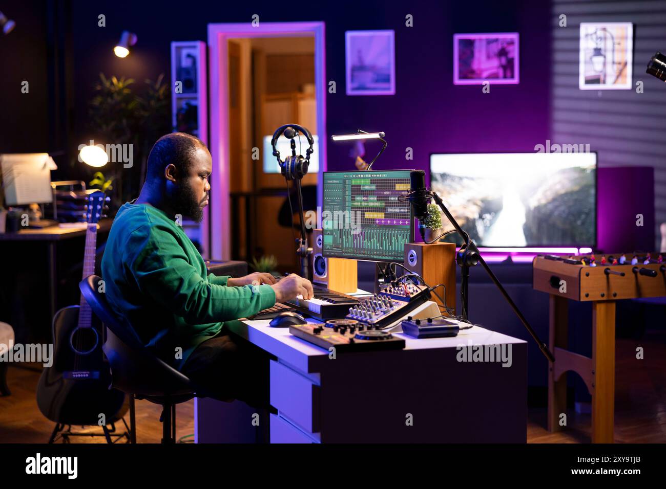Audio Composer Playing Piano Electronic Keyboard To Create A New Track