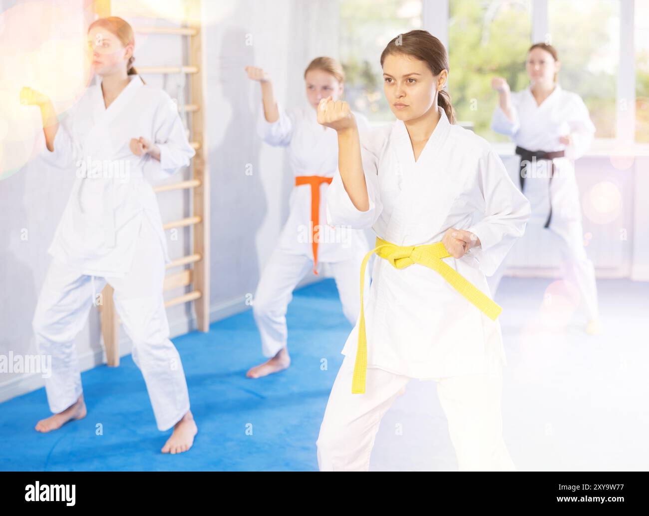 Team of teenage girls in kimonos stand in fighting stance during group ...