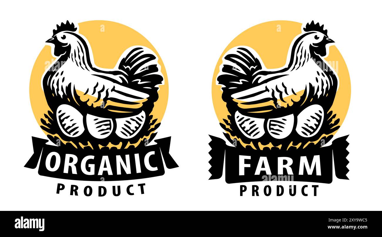 Chicken, hen in a nest with eggs. Organic product emblem or badge. Farm ...
