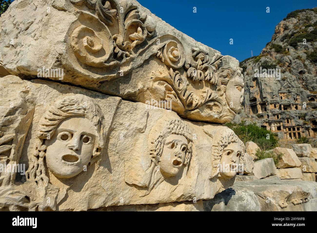 Demre, Turkey - August 24, 2024: Stone faces in the ruins of Myra ...