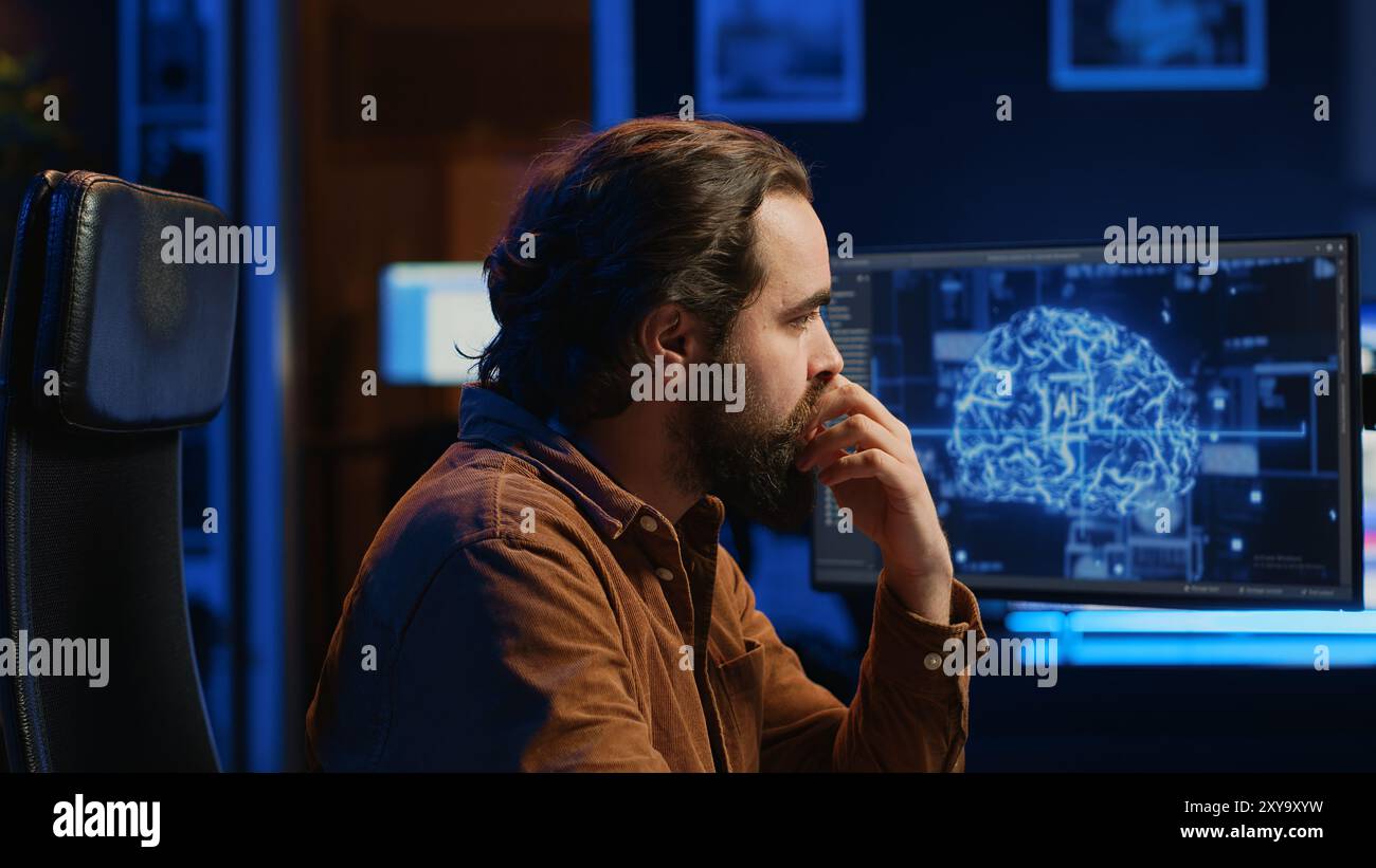 Programmer Using Computer To Update Artificial Intelligence Neural Networks Drinking Coffee And