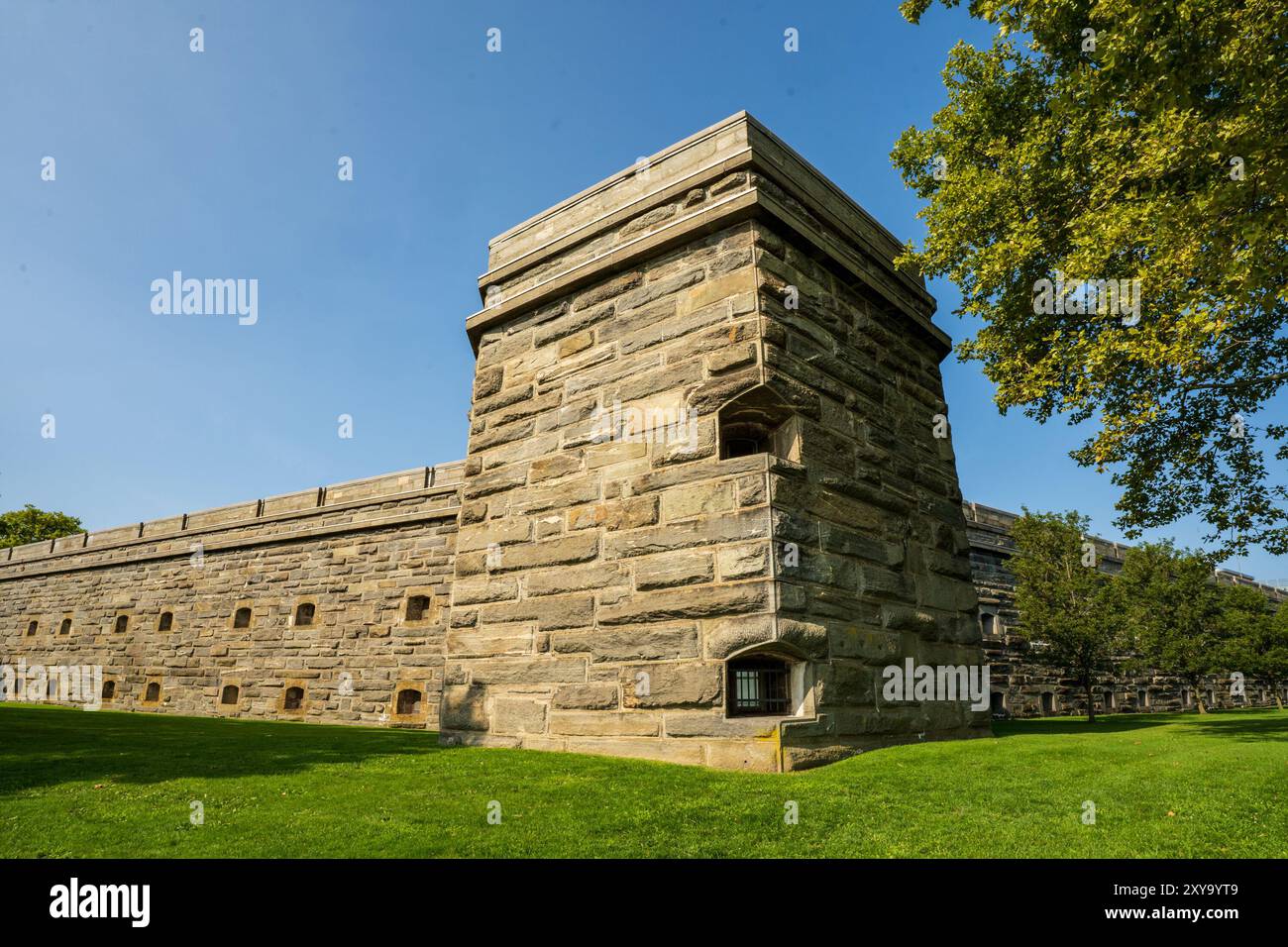 Bronx, NY - US - Aug 24, 2024 A corner of Fort Schuyler, featuring its sturdy stone walls and a ...