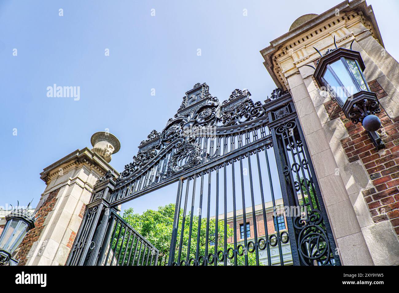 Low angle view of Morgan Gate (class of 1877) entrance to Harvard Yard ...