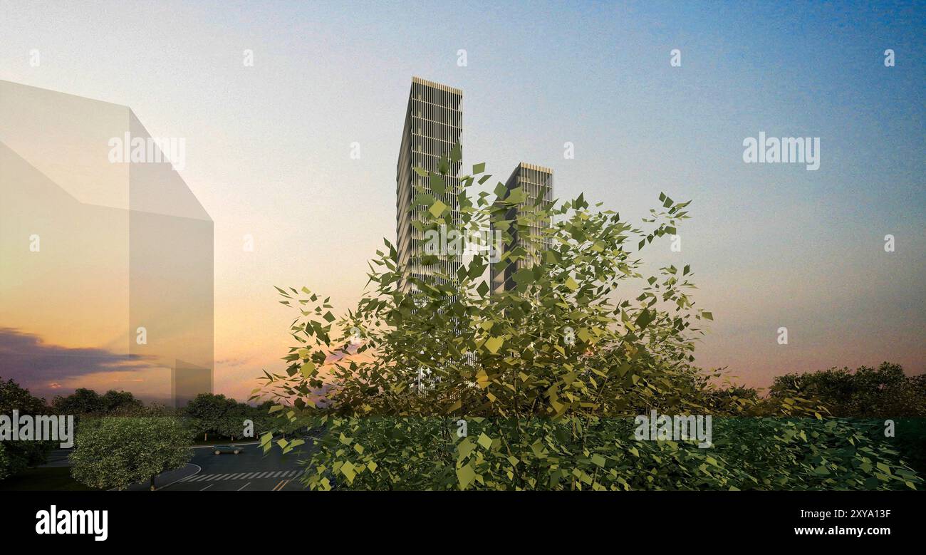 3d render of skyscrapers at sunset Stock Photo - Alamy
