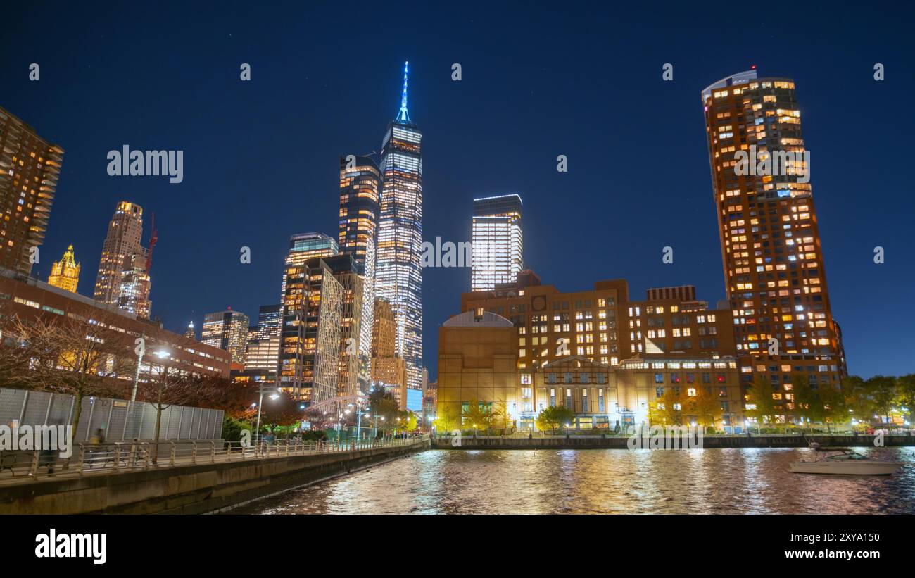 New York cityscape at night time. One World Trade Center. WTC memorial ...