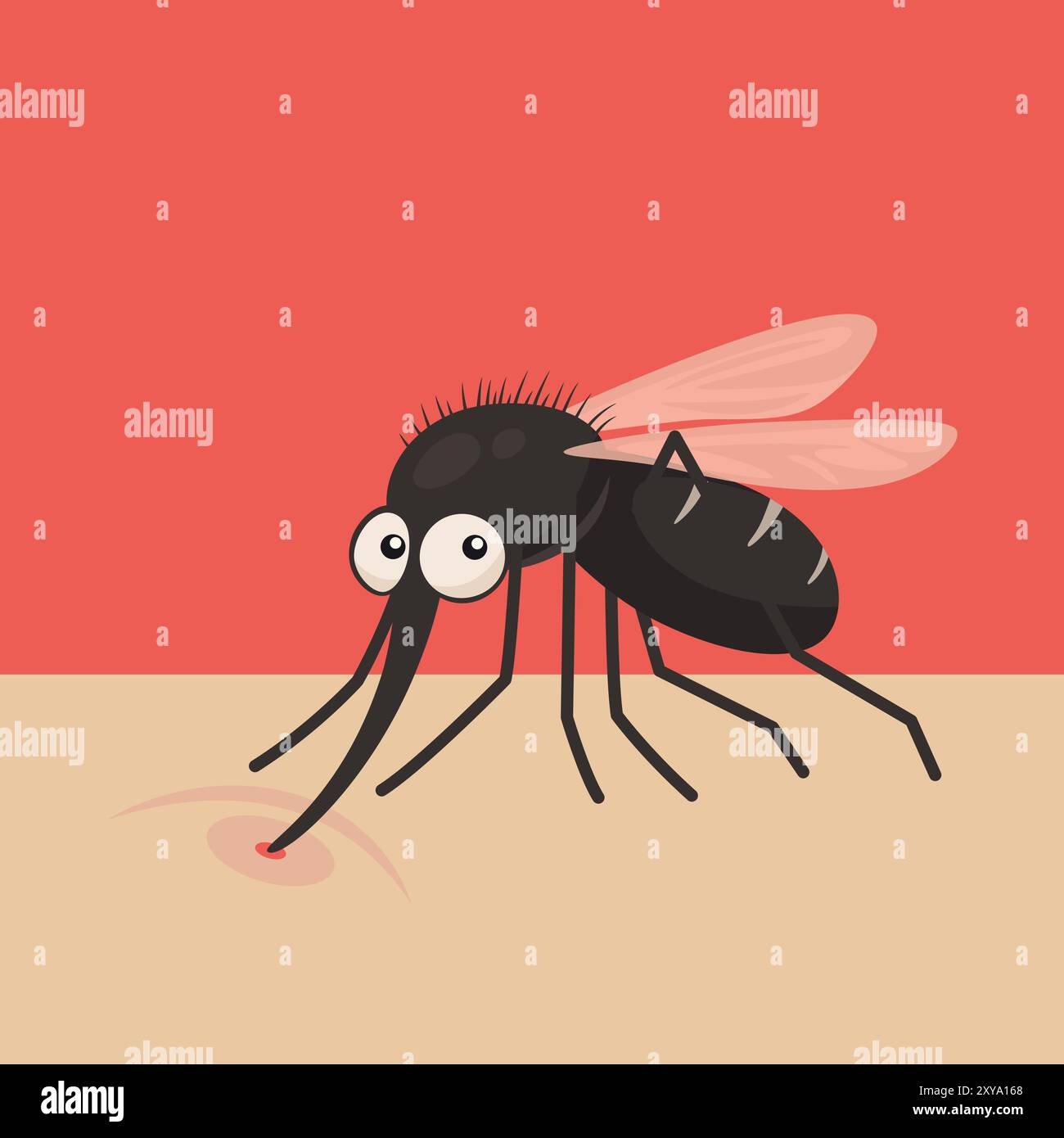 Cute Cartoon Flat Vector Mosquito Sucking Blood on Skin. Insect ...