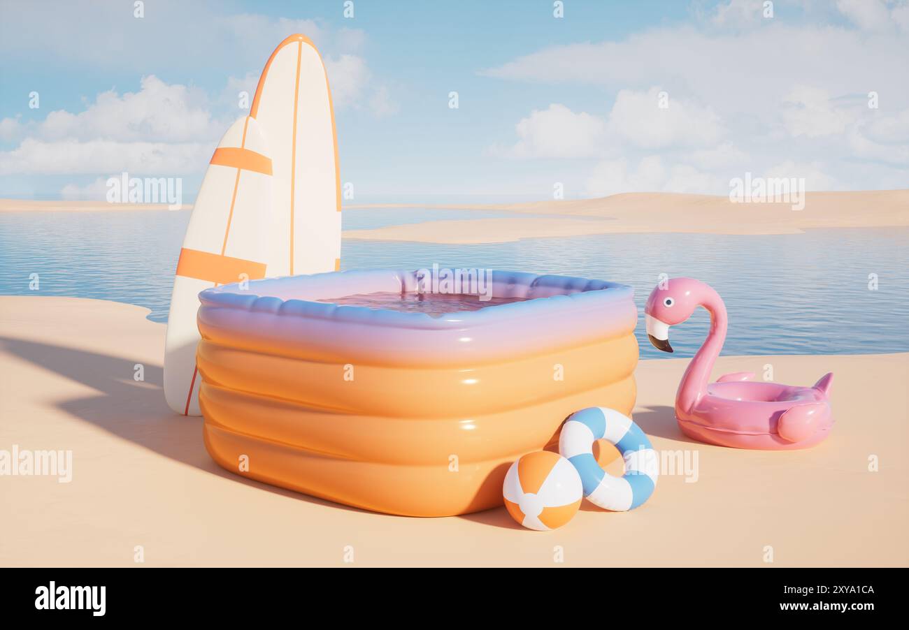 Inflatable cartoon style swimming pool, 3d rendering. 3D illustration ...