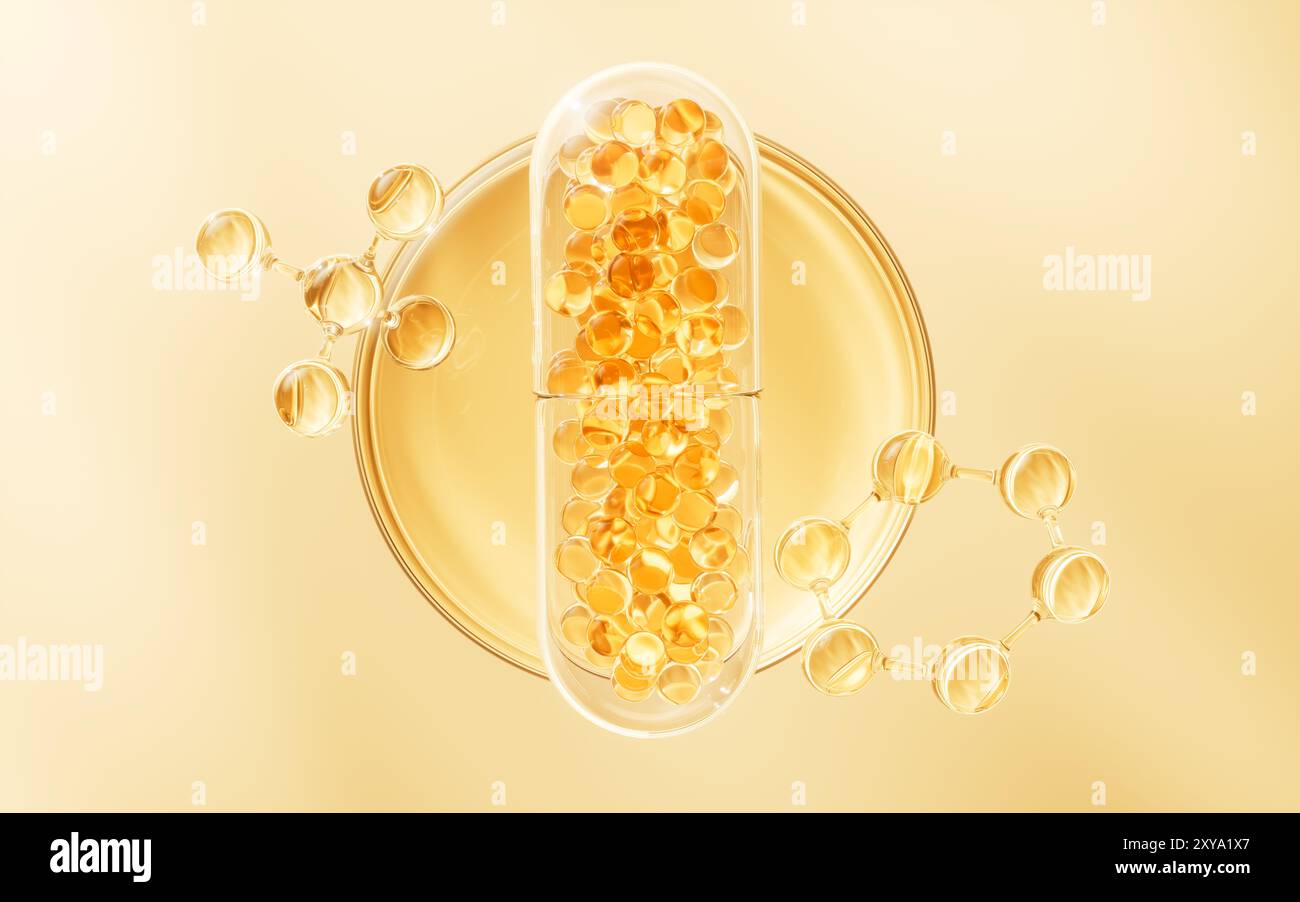 Golden capsule with biological concept, 3d rendering. 3D illustration ...