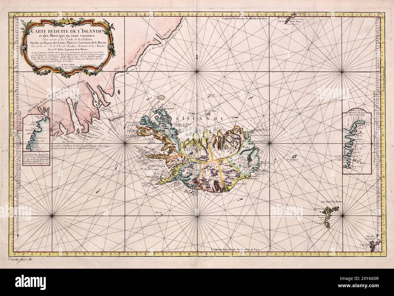 Vintage colourful map of Iceland (Islande) by Bellin, 1734. Map in ...