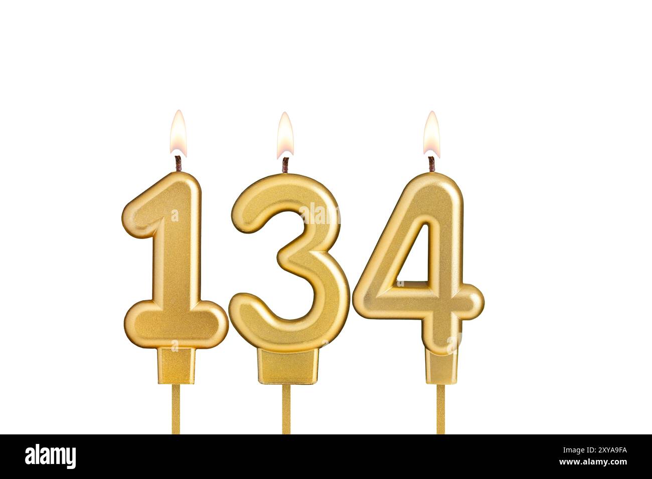 Golden number 134 birthday candle on white background Stock Photo - Alamy