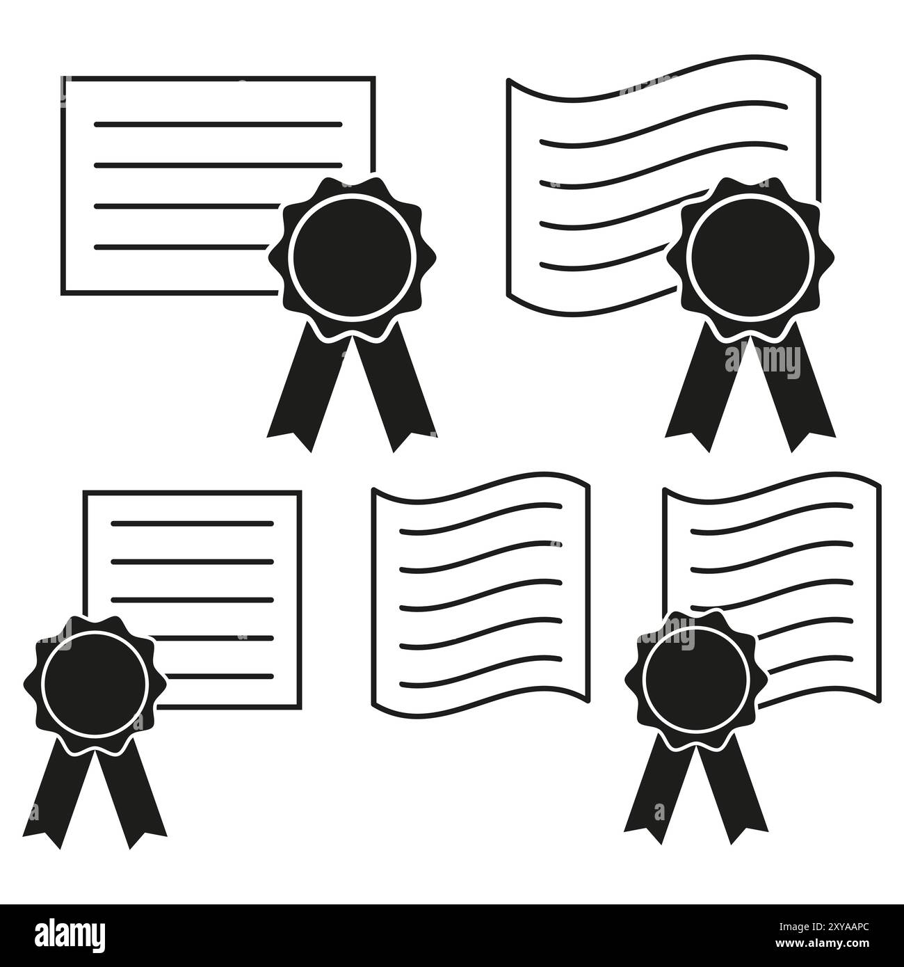 Certificate and ribbon icons. Black award symbols. Achievement document ...