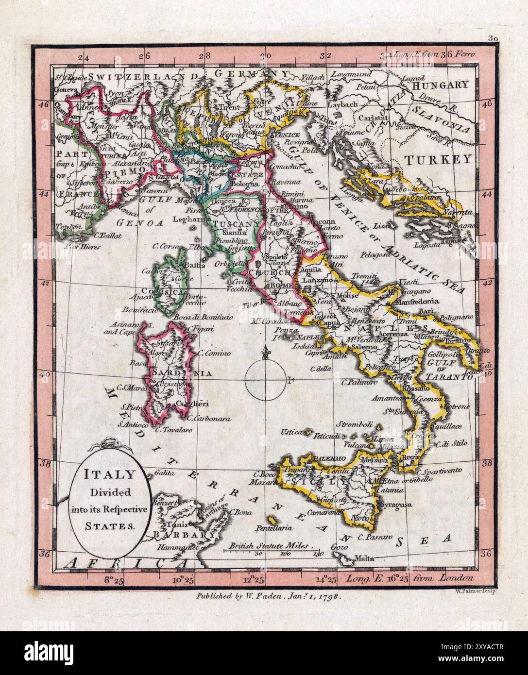 An 18th century vintage map depicts the Italy, showing its regions ...