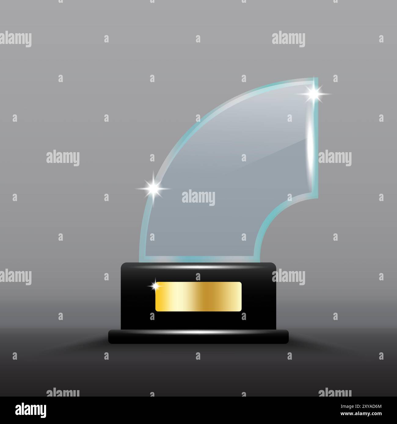 Glass abstract trophy. Curved crystal shape. Black base with gold plate ...