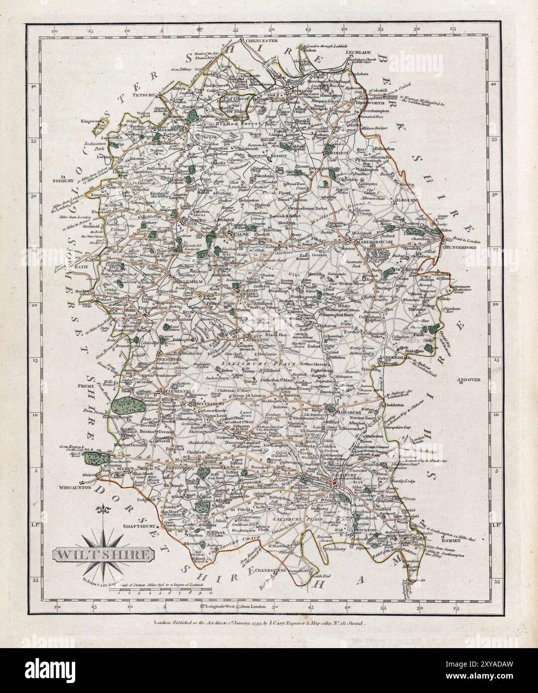 An 18th century vintage map depicts the English county of Wiltshire ...