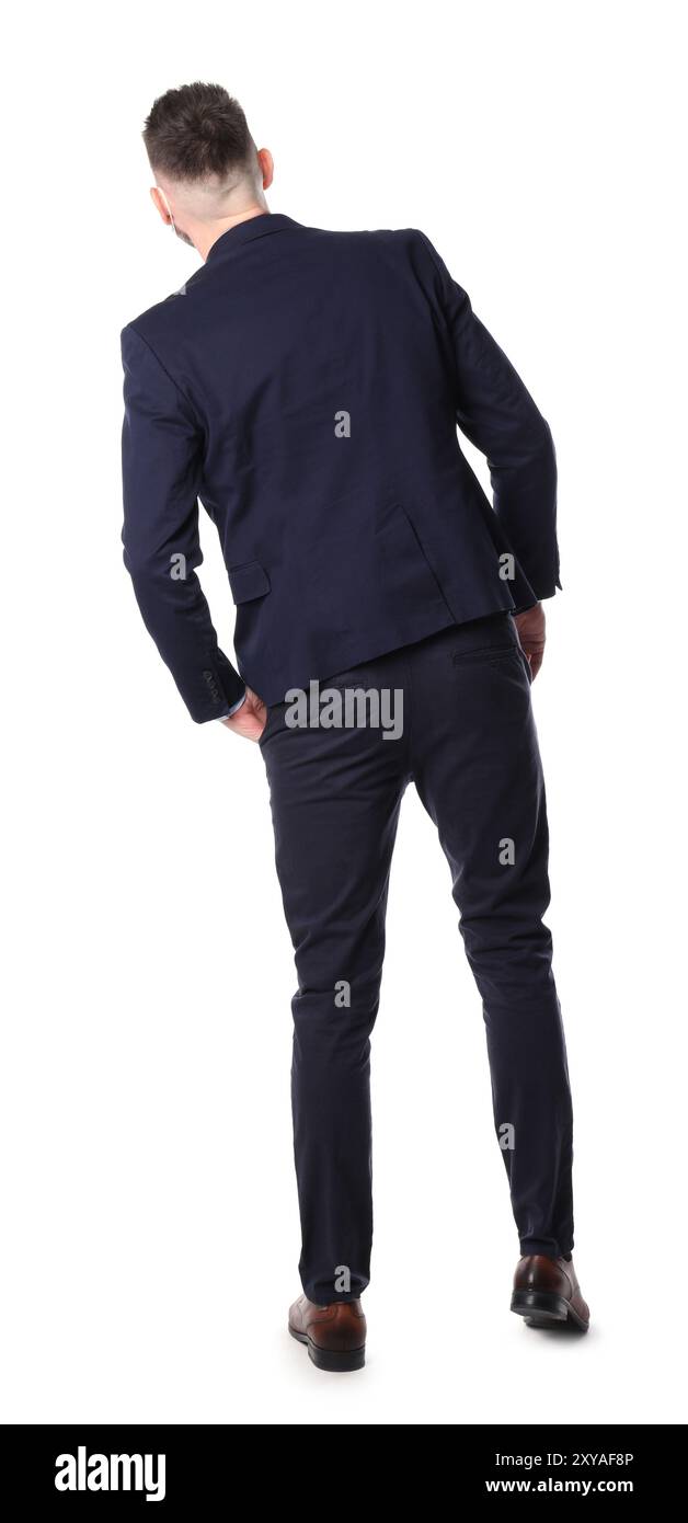 Man standing in queue on white background, back view Stock Photo - Alamy