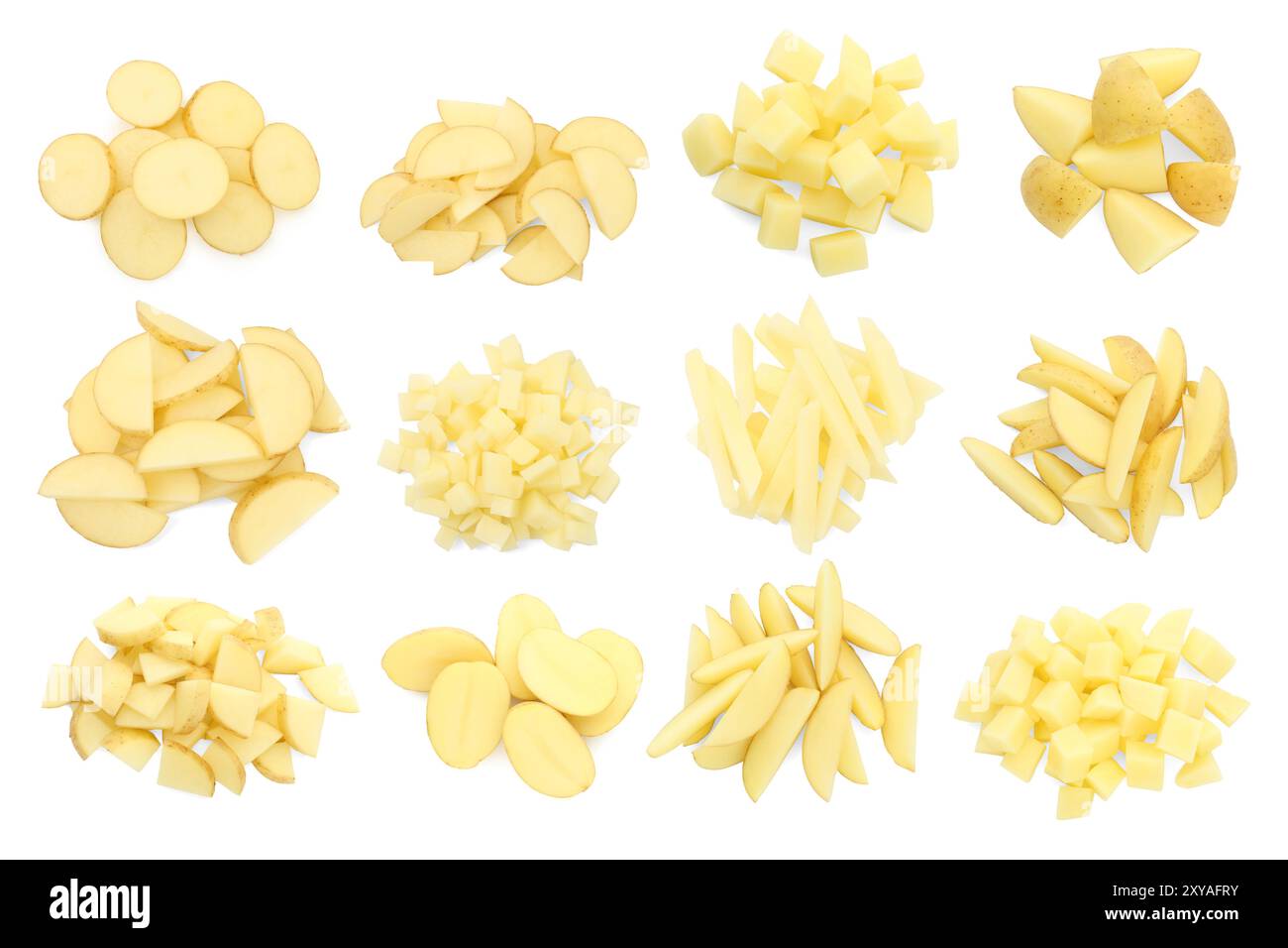 Potatoes sliced in different ways isolated on white, set Stock Photo ...