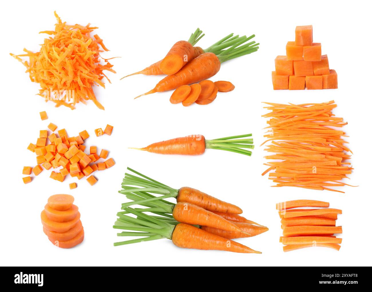 Fresh carrots isolated on white, collage. Different types of cuts Stock ...