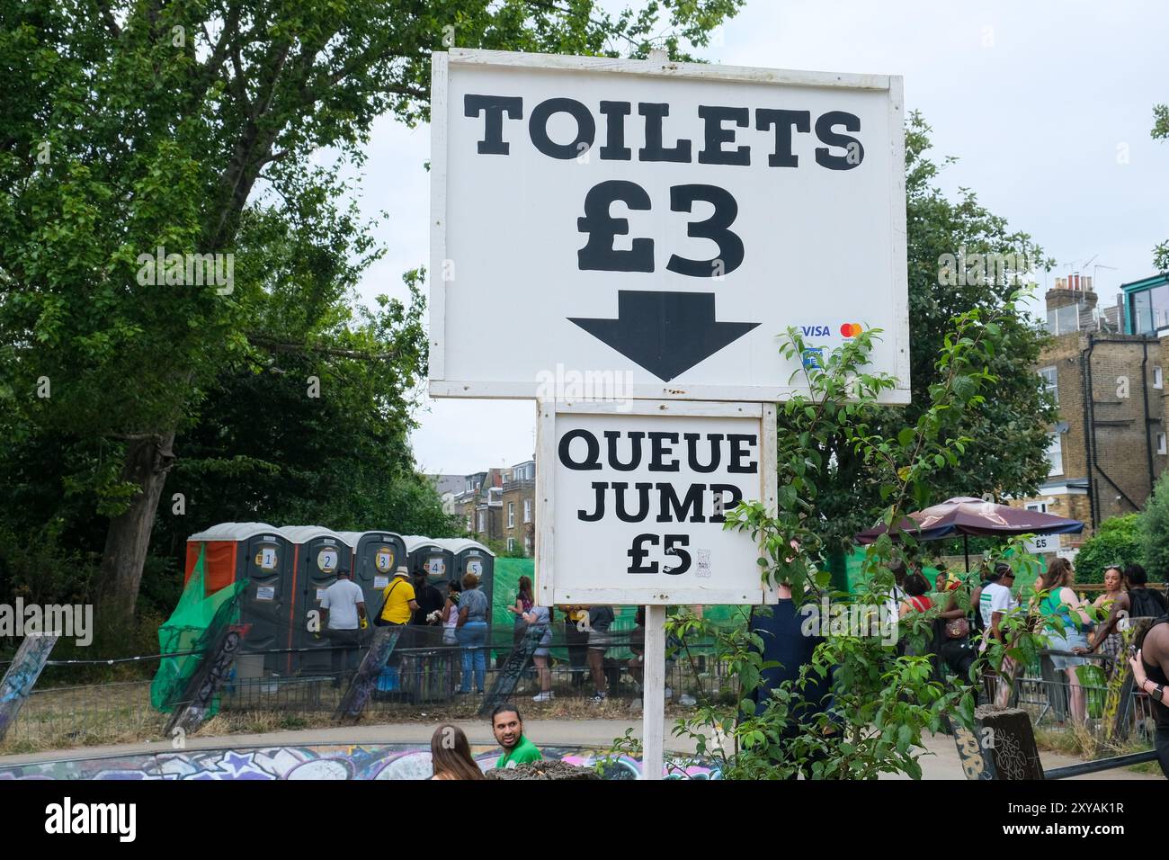 Toilet fee sign at Meanwhile Gardens for Notting Hill Carnival ...