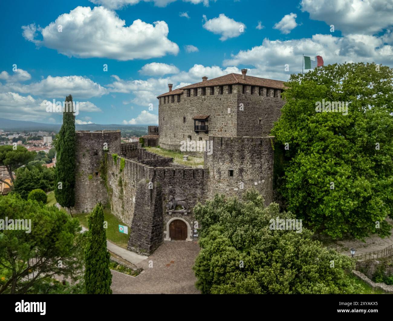 Aerial view of Gorizia castle and town with concentric towers, restored ...