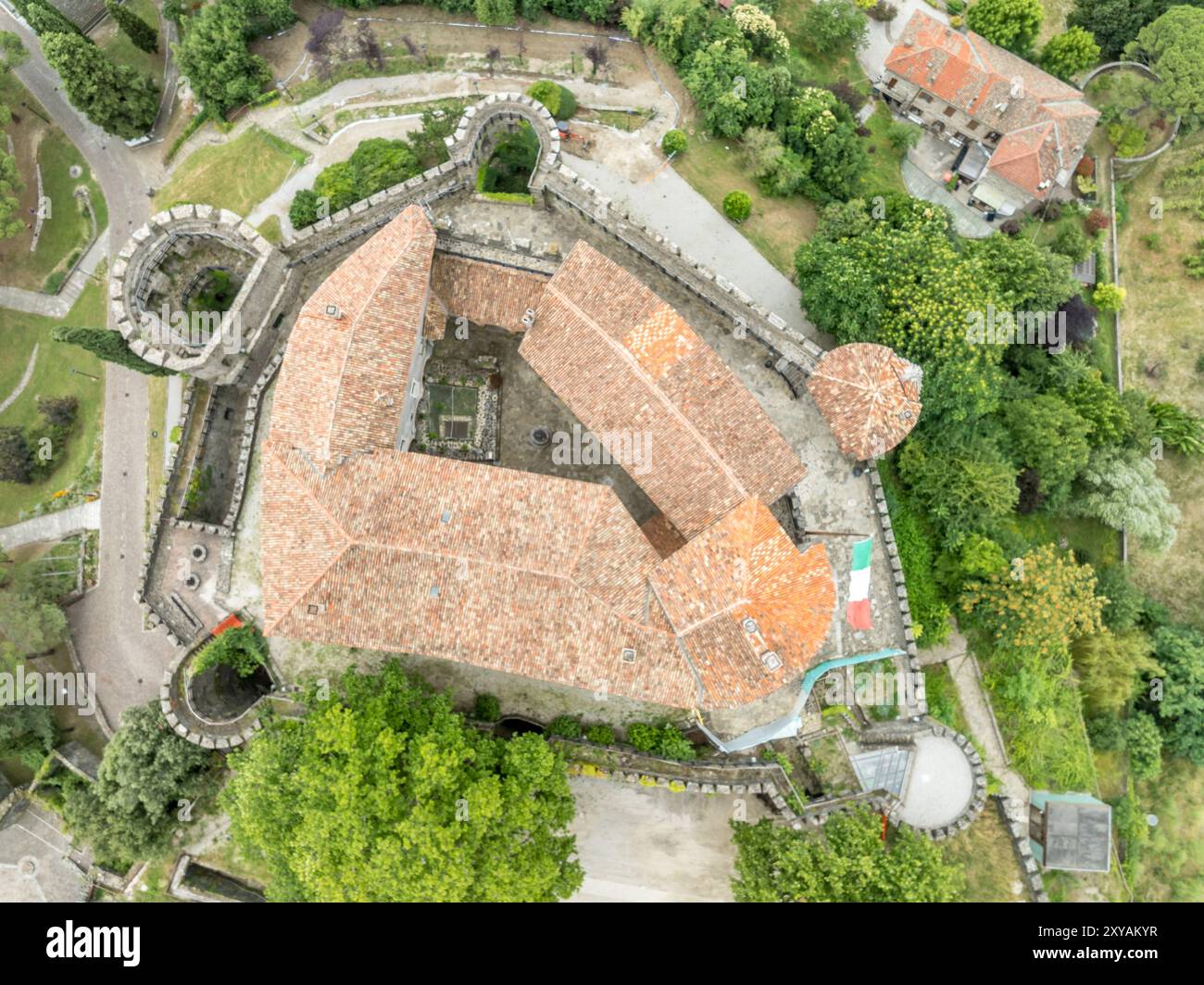 Aerial view of Gorizia castle and town with concentric towers, restored ...