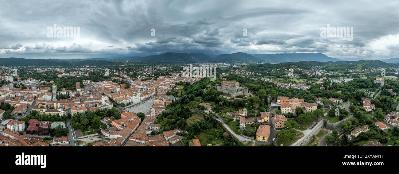 Aerial view of Gorizia castle and town with concentric towers, restored ...
