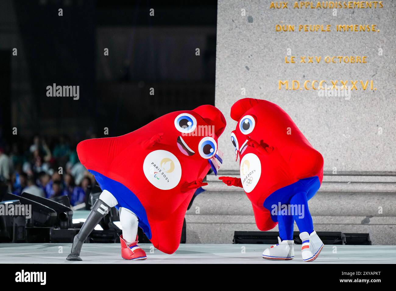 Paris, France. 28th Aug, 2024. The Olympic and Paralympic mascots, the ...