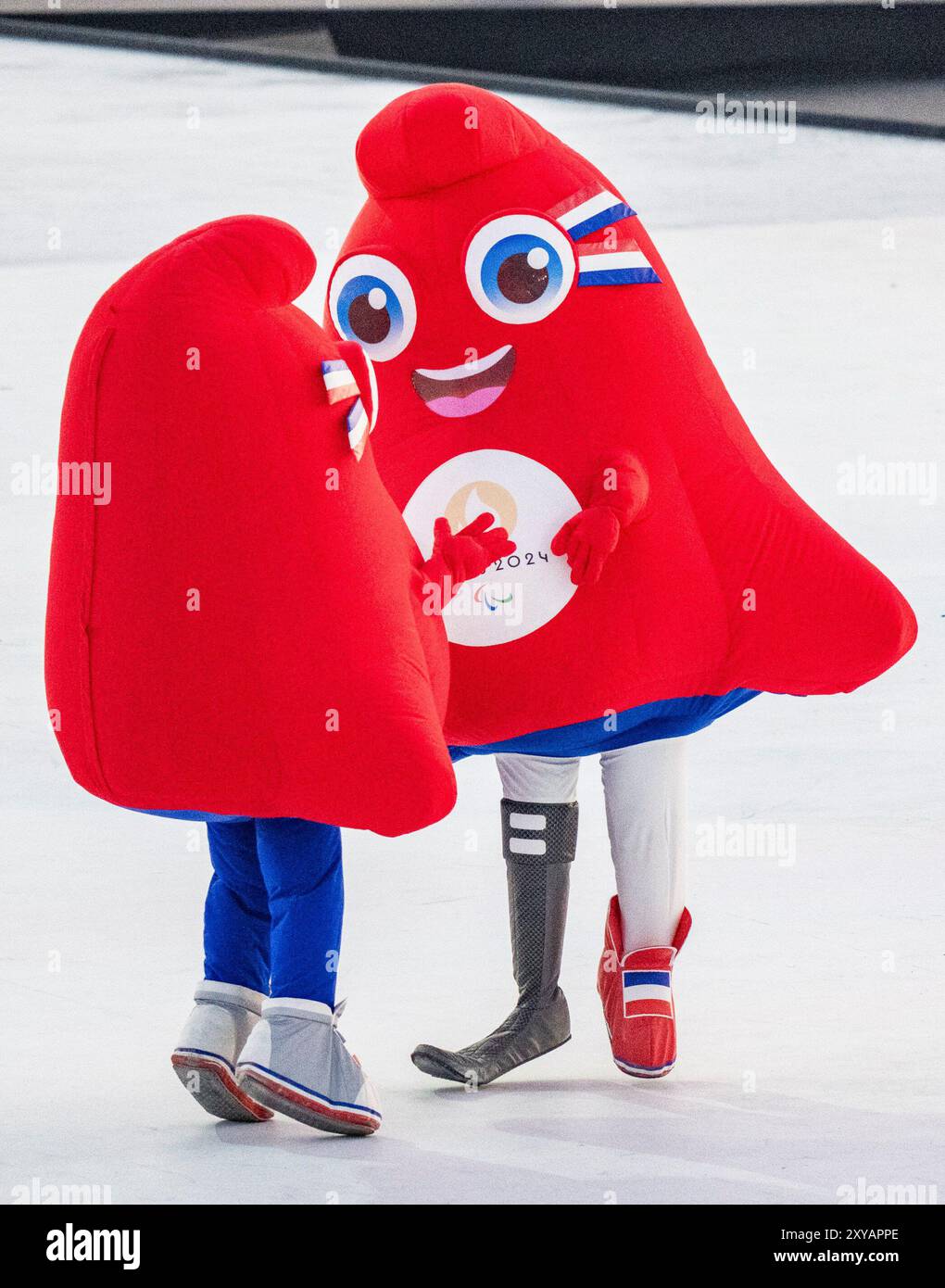 Paris, France. 28th Aug, 2024. The Olympic and Paralympic mascots, the ...