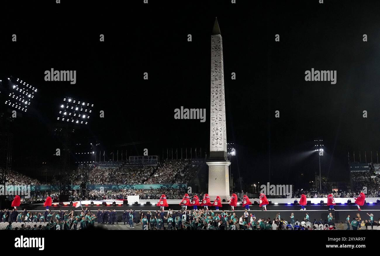 Paris, France. 28th Aug, 2024. The Olympic and Paralympic mascots, the ...