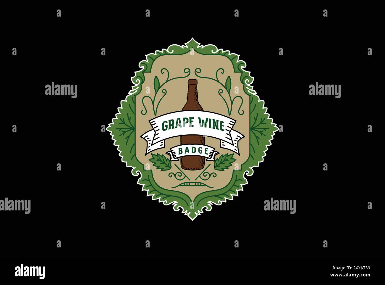 Vintage Retro Wine Bottle and Grape Leaf Ornament Border Frame Badge ...