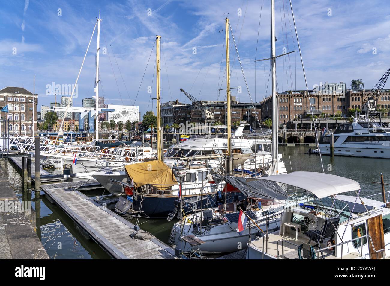 Rotterdam Marina, behind high-rise buildings in the Maritiem District ...