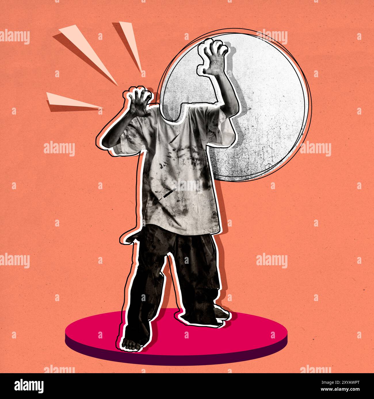A zombie man's head is cut off and walking on the ground. The image is ...