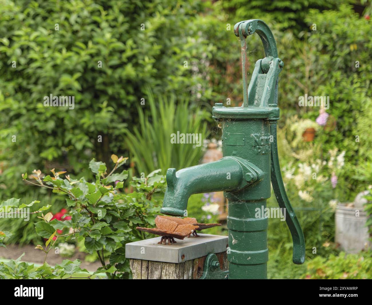 Antique green water pump in the garden, surrounded by lush plants and a ...