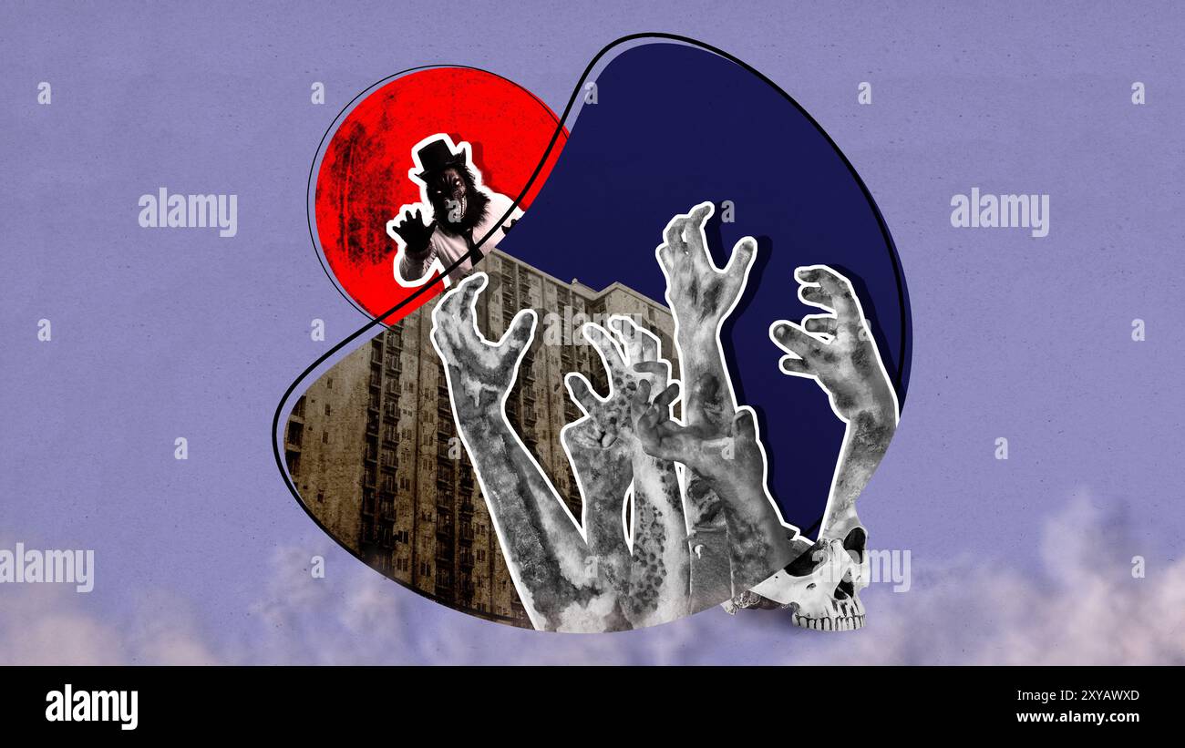 A zombie hand is reaching out of a torn piece of paper. The image has a ...