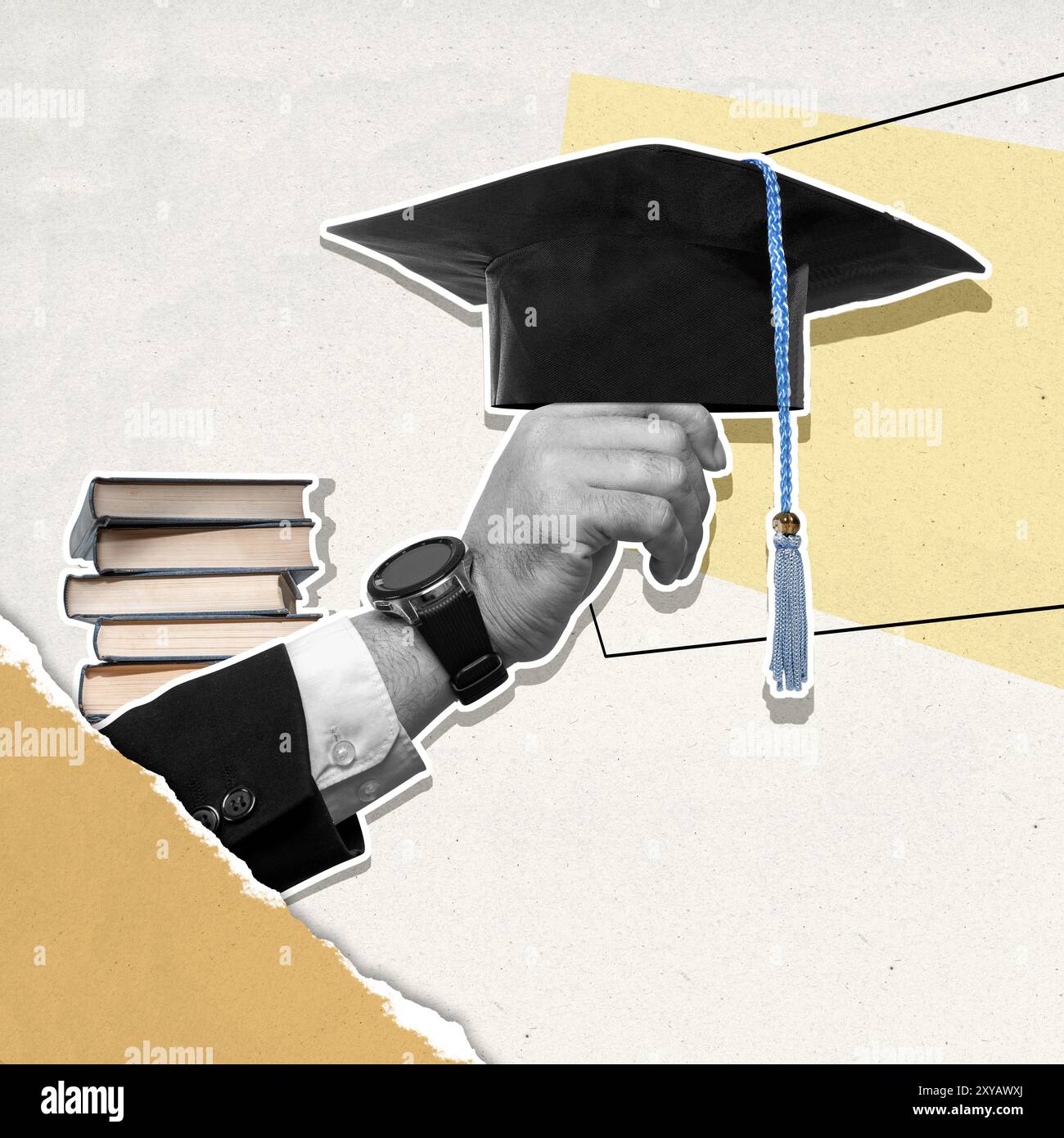 A businessman is holding a graduation cap and a watch. The image is a ...