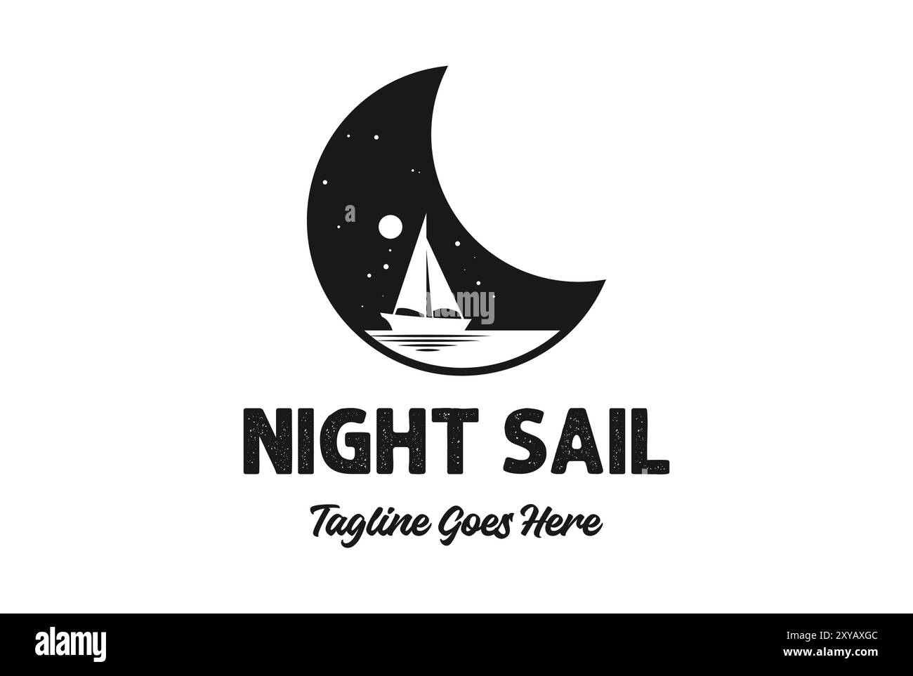 Vintage Retro Night Crescent Moon Ocean Nautical Sail Boat Ship Logo ...