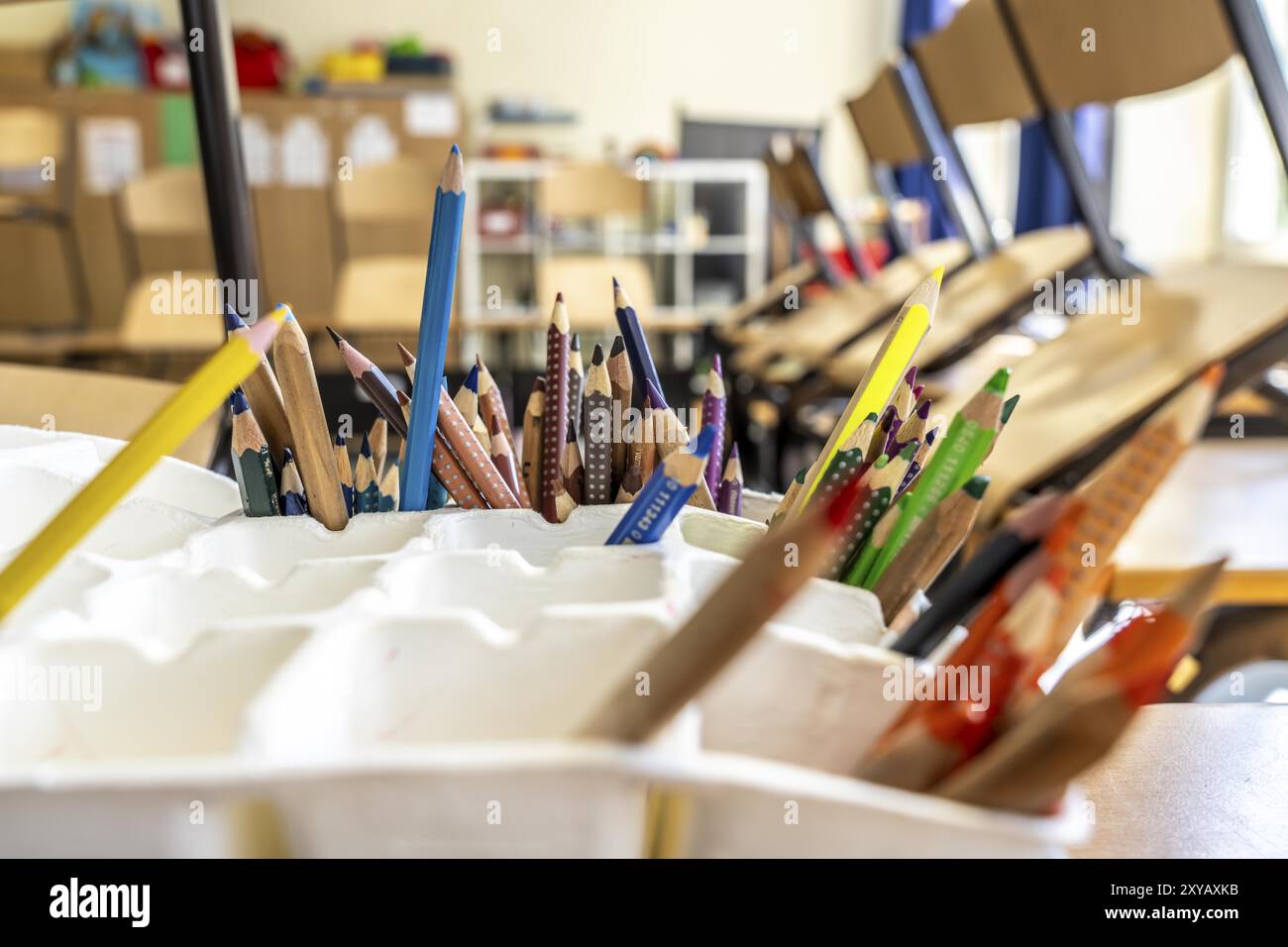 Classroom of a fourth grade, after school, the building is older but in ...